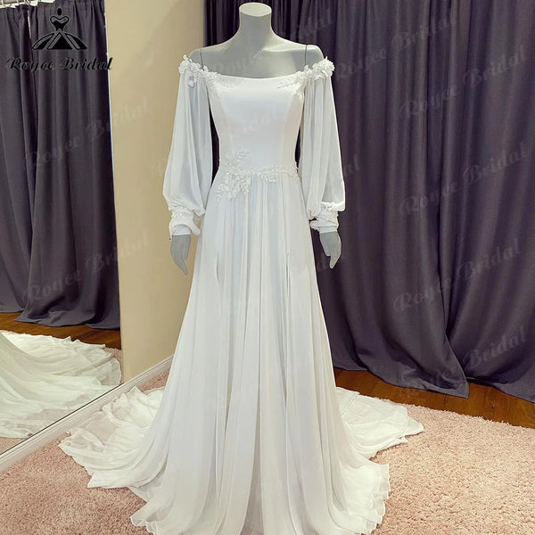 Bohemian Boat Neck Puff Long Sleeve Chiffon Beach Lace Wedding Dress f ...