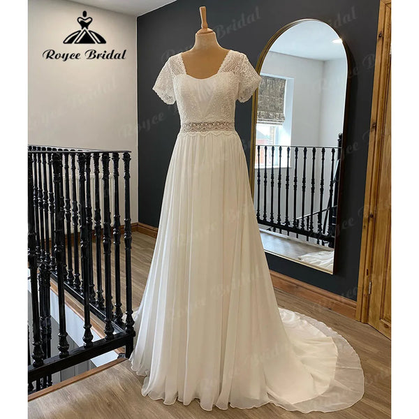 Robe Bohemian Civil A Line Boho Lace Bodice Chiffon Beach Wedding Gown ...