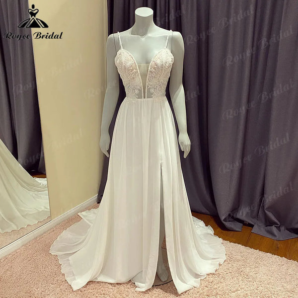 Sexy Plunging Split Side Deep V Neck Lace Boheme Boho Chic Wedding Dre ...