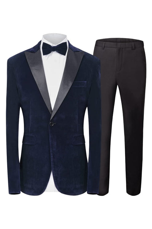 Navy Blue Two Pieces Velvet Prom Suits For Men with Peaked Lapel Custo ...