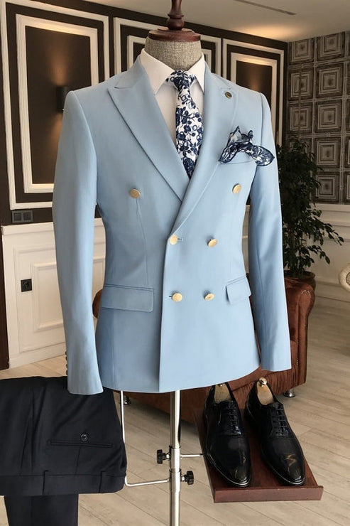 Sky Blue Double Breasted Bespoke Prom Suits with Peaked Lapel Business ...