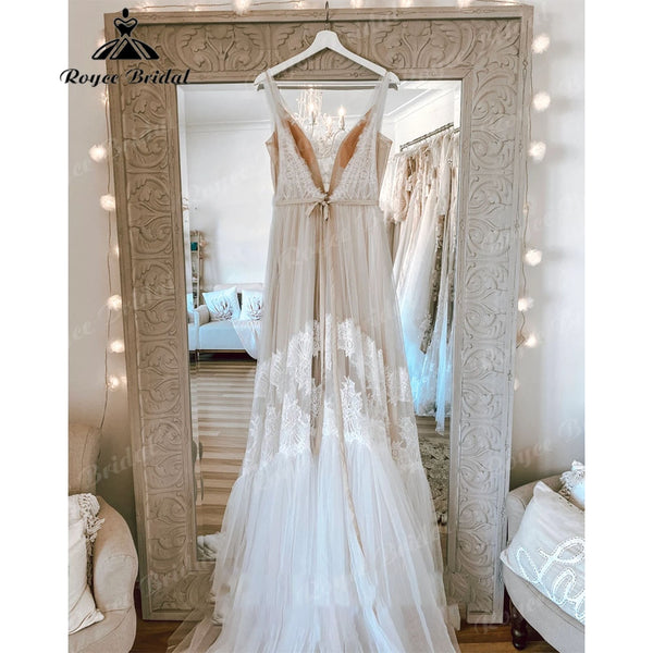 Modest Lace Boho Bohemian Beach Wedding Dress with Deep V Neck Backle ...