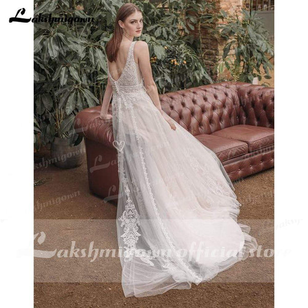 Deep V Neck Sleeveless Backless Lace Tulle Wedding Dresses ...