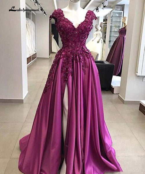 Luxury Purple Prom Dresses Deep V Neck Lace Appliques Beaded Side Spli ...